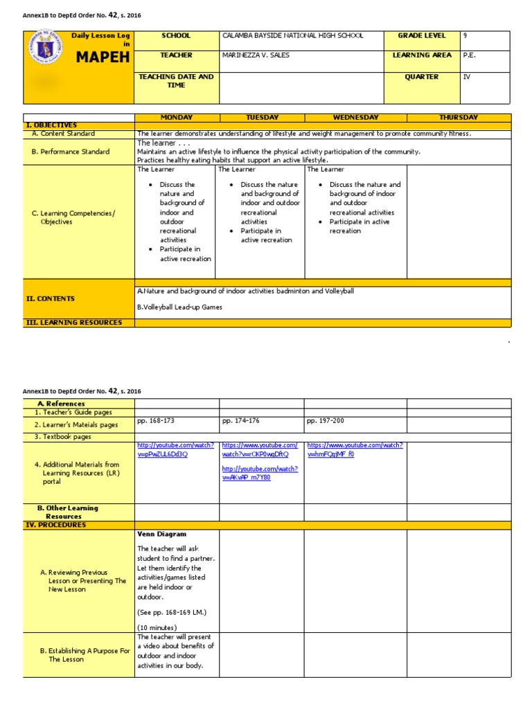 DLL G9.PE.Q4.week1 | PDF | Physical Education | Behavior Modification