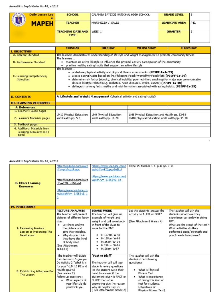 Q1 Grade 9 PE DLL Week 1 | PDF | Physical Education | Physical Fitness