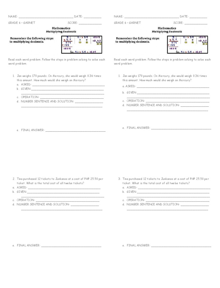 Grade 6 Multiplication of Decimal Word Problem | PDF | Mathematics ...