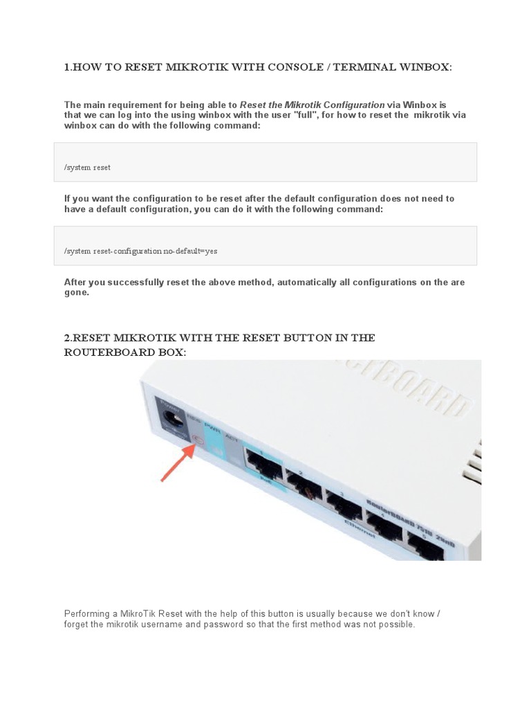 4 Ways Reset Mikrotik | PDF | Computer Hardware | Computer Science 4 Ways Reset Mikrotik | PDF | Computer Hardware | Computer Science