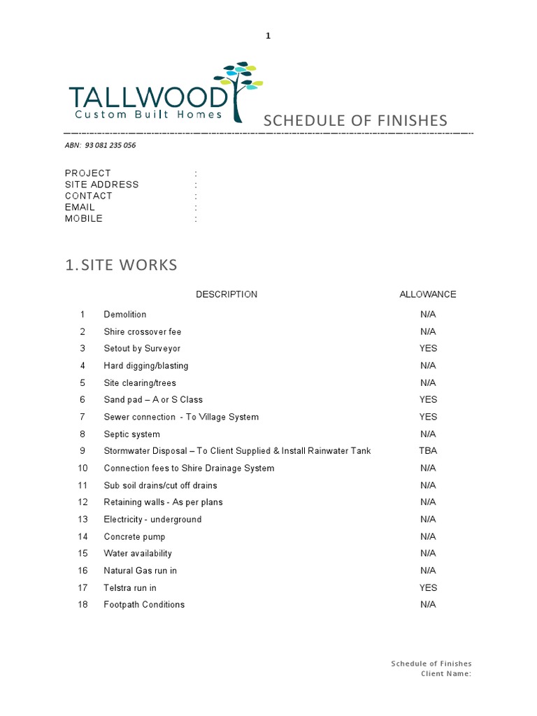 Schedule of Finishes Overview | PDF | Wall | Door