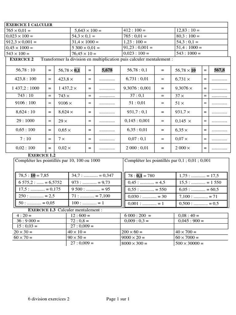 Exercices de division pour 6ème | PDF | Division | Mathématiques