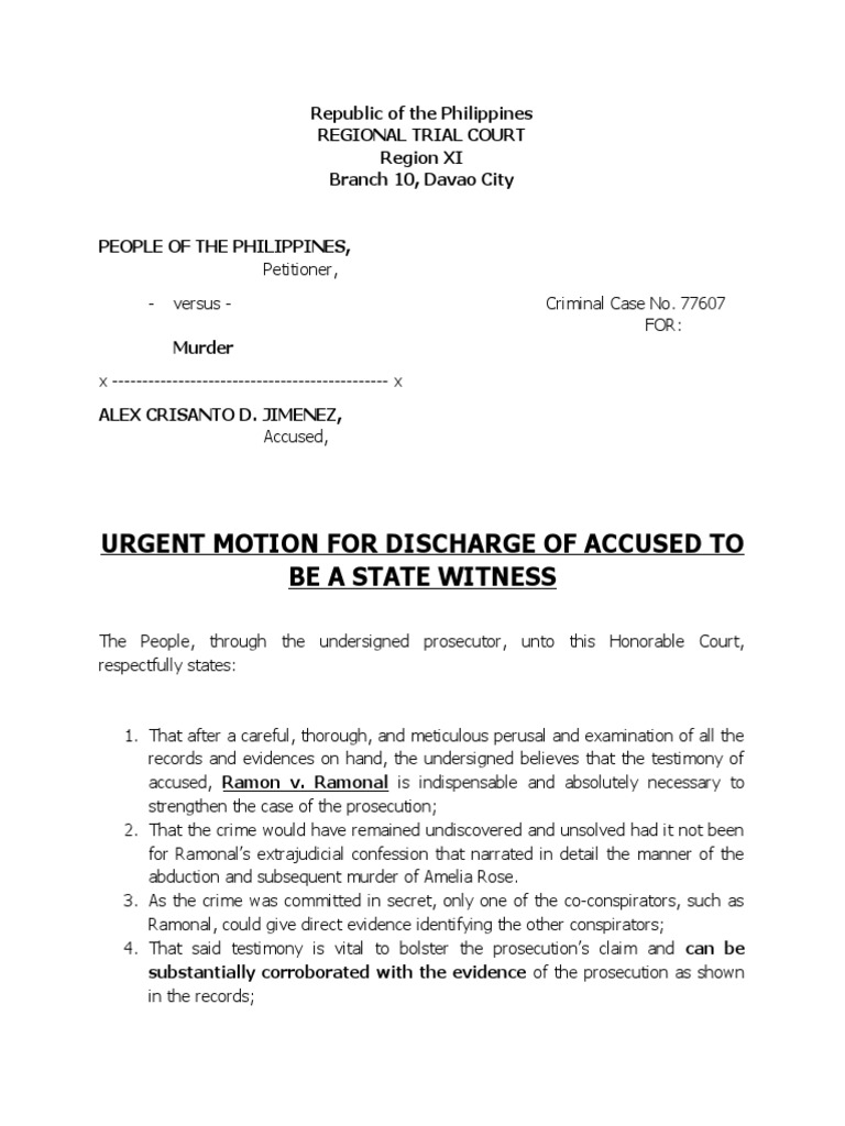 Motion to Discharge for State Witness | PDF | Affidavit | Prosecutor