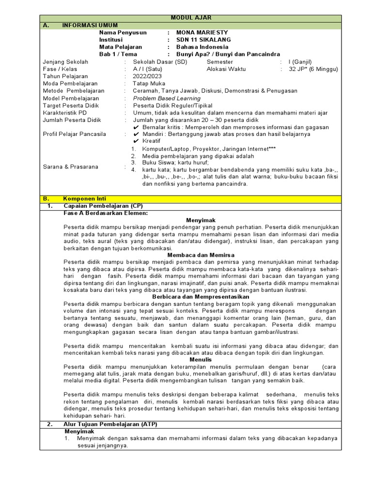 RPP Bindo KLS I SMS 1 | PDF