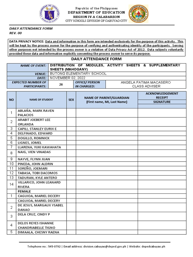 Daily-Attendance Template Kinder | PDF | Information Science | Information Privacy