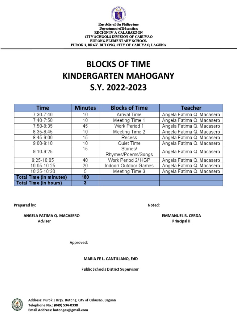 Kindergarten Blocks of Time Schedule | PDF | Social Institutions ...