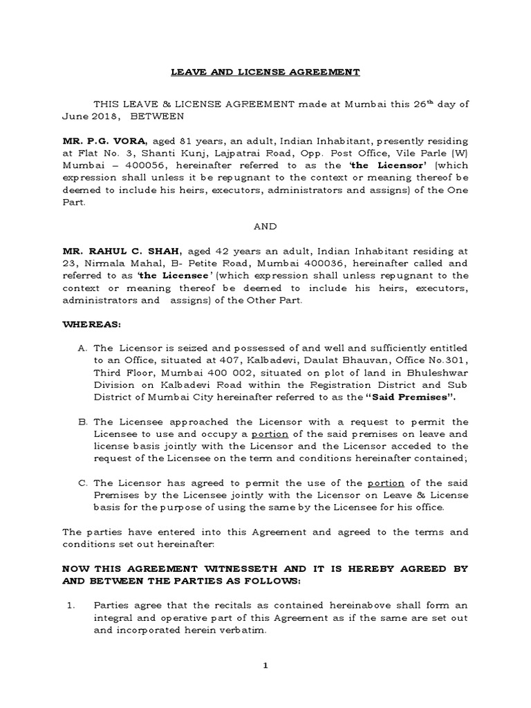 Leave and License Agreement | PDF | License | Landlord