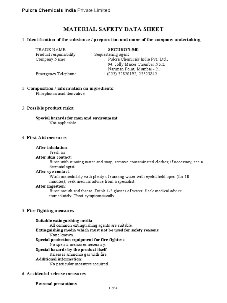Material Safety Data Sheet for Securon 540 by Pulcra Chemicals India ...