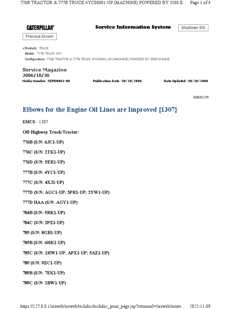 Elbows For The Engine Oil Lines Are Improved (1307) : Shutdown SIS Previous Screen | PDF ...
