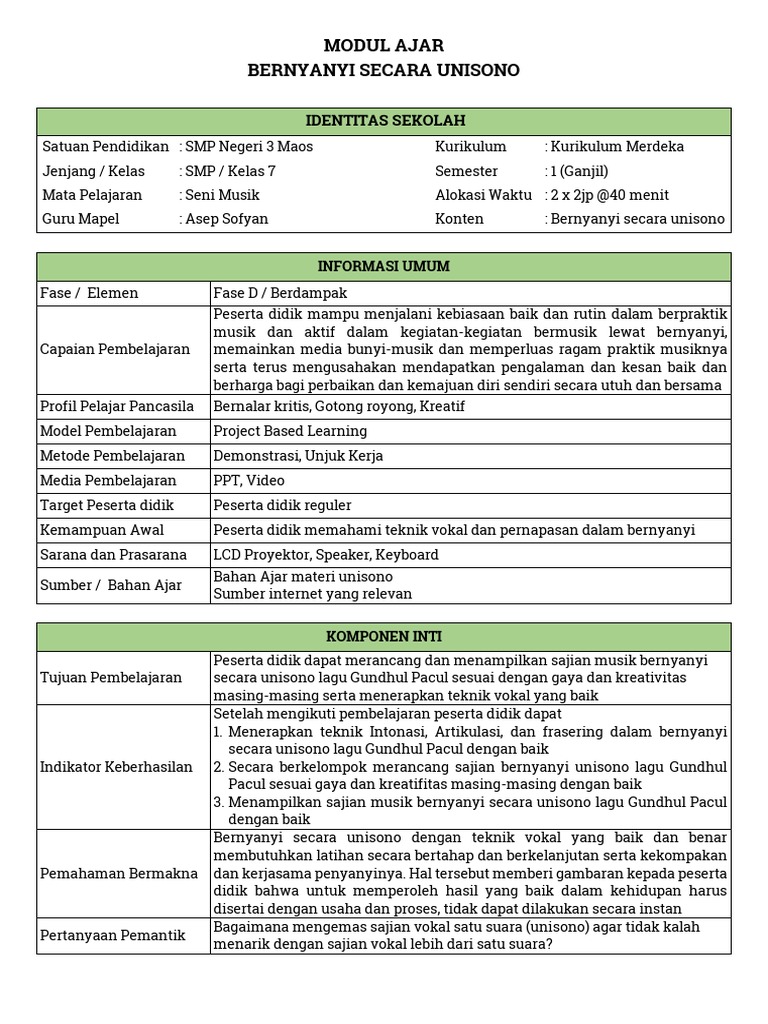 Modul Ajar Bernyanyi Secara Unisono - Asep Sofyan | PDF