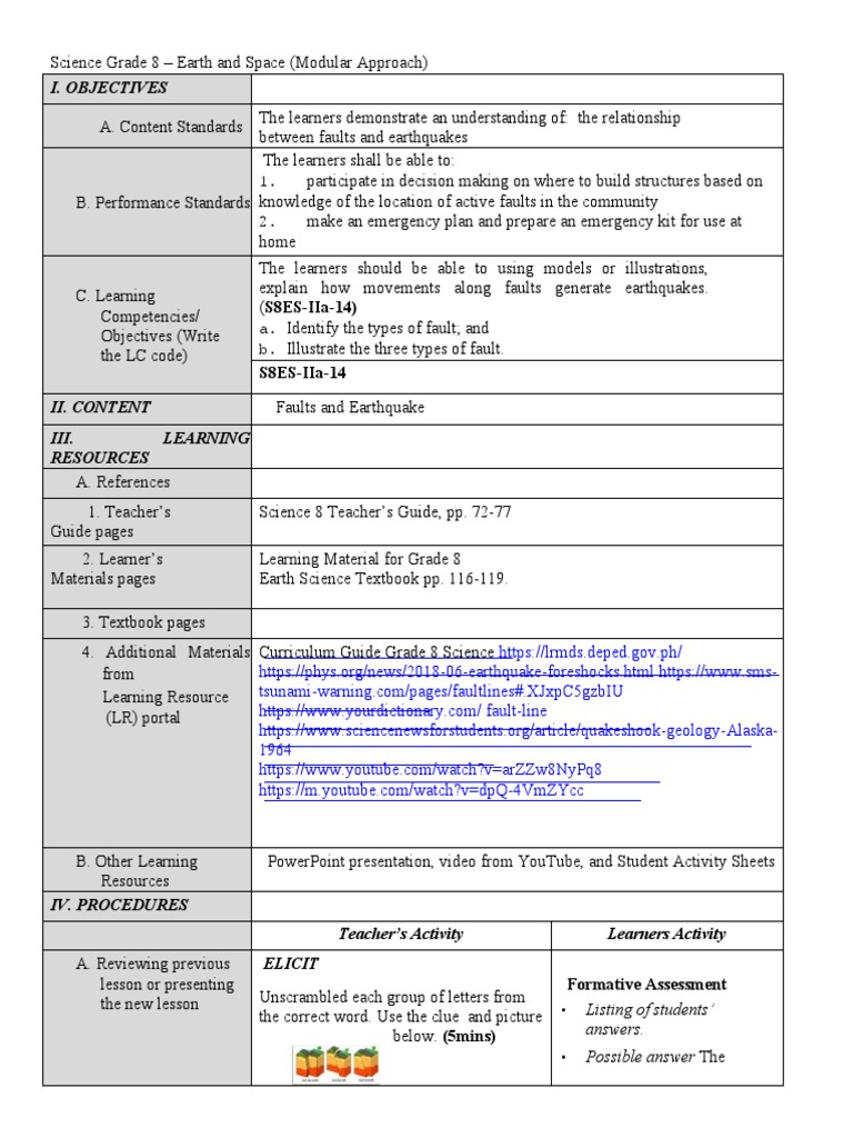 Earthquake and Faults DLP 2 | PDF | Fault (Geology) | Plate Tectonics