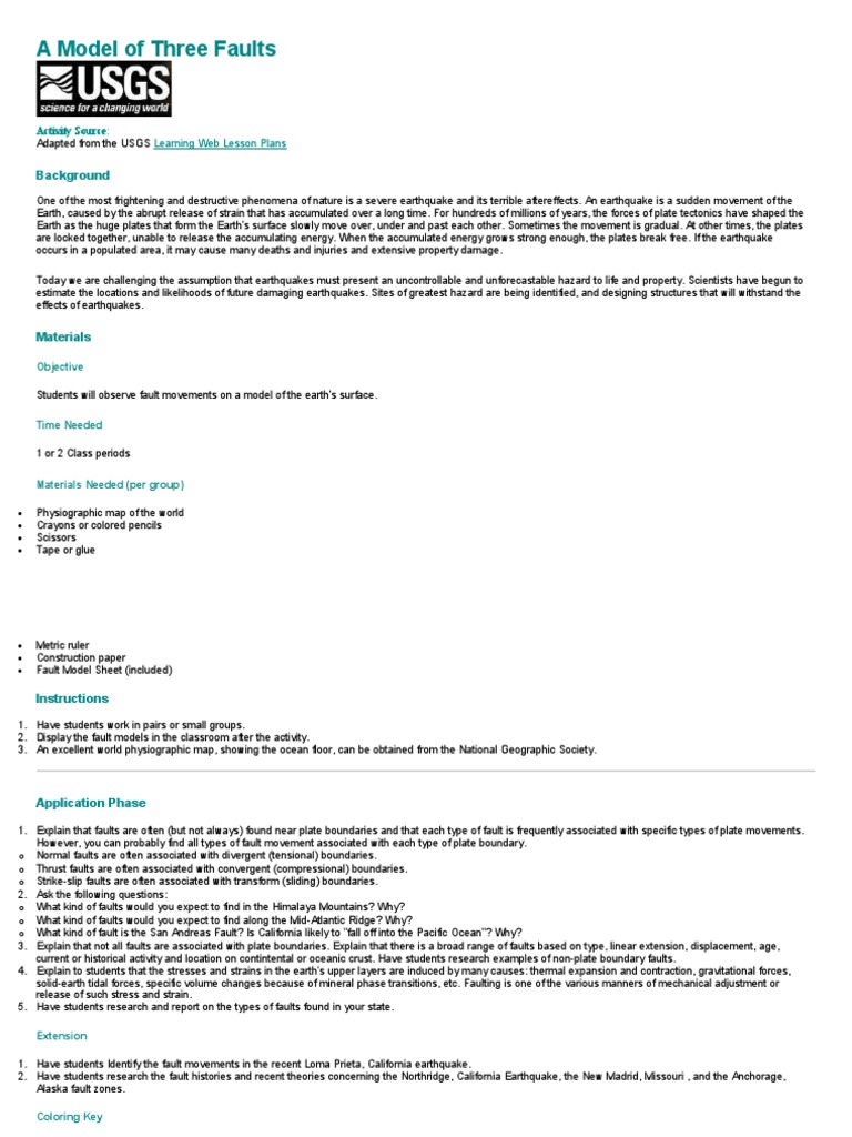 Model of 3 Faults Handouts | PDF | Fault (Geology) | Earthquakes