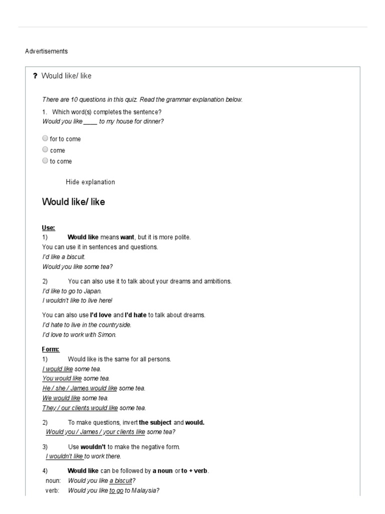 A2 Grammar - Would Like - Like | PDF | Verb | Morphology