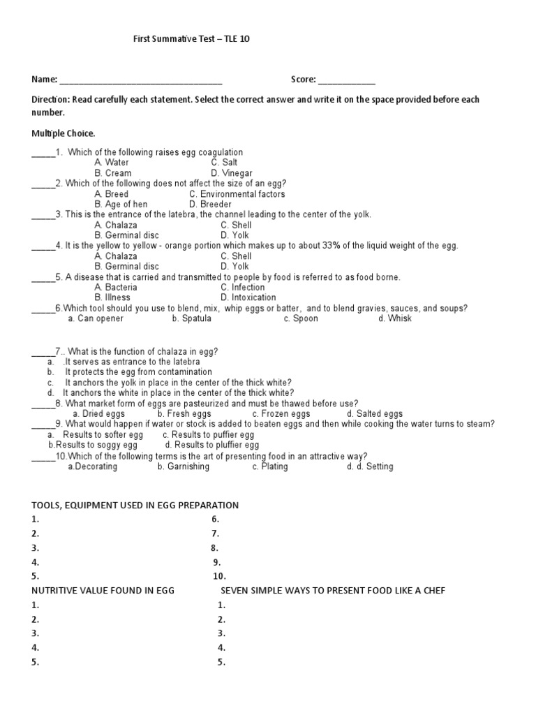 First Summative Test 10 | PDF | Foods | Egg