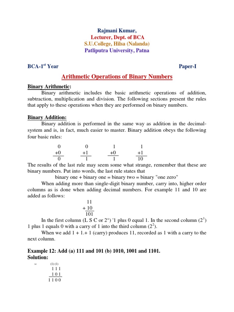 Bca Arithmetic Operations Of Binary Numbers Pdf Binary Coded