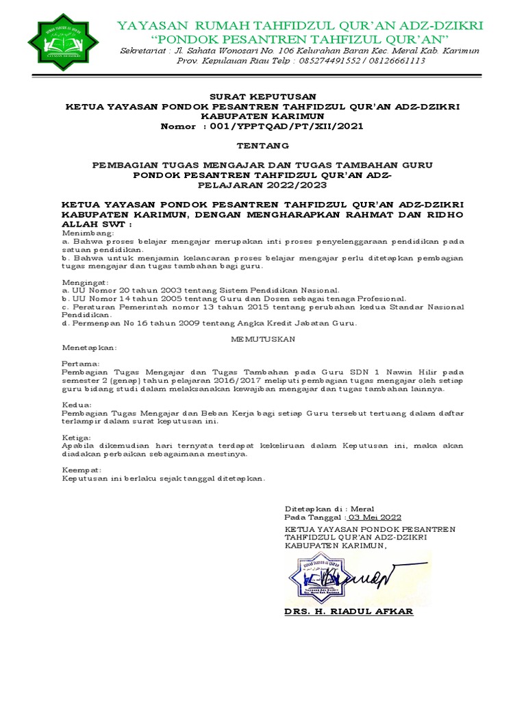 SK Pimpinan Pondok Pesantren | PDF