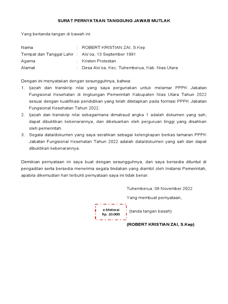 Surat Tanggung Jawab Mutlak 2022 | PDF