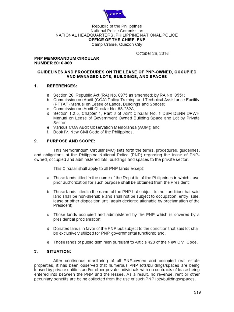 MC 2016 069 Guidelines and Procedures On The Lease of PNP Owned ...