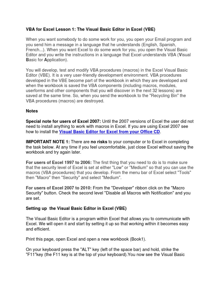 Vba For Excel Lesson 1 Pdf Microsoft Excel Visual Basic For Applications