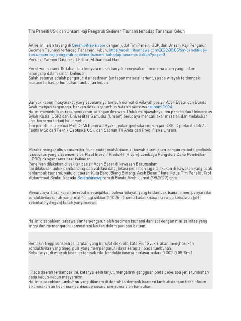 The Impact of Tsunami Sediment on Crop Growth: A Study by USK and Unsam Researchers | PDF
