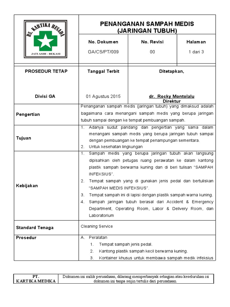 GA SOP 009 Penanganan Sampah Medis (Jaringan Tubuh) | PDF
