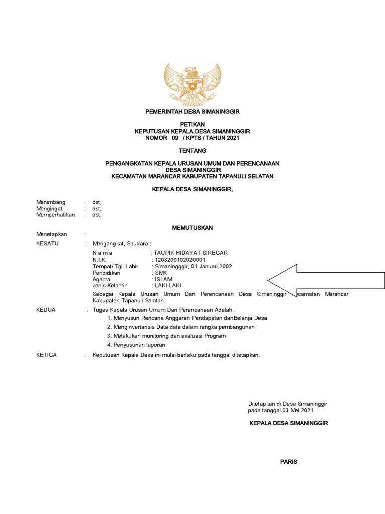 SK Petikan Pengangkatan Perangkat Desa (Kaur Umum | PDF