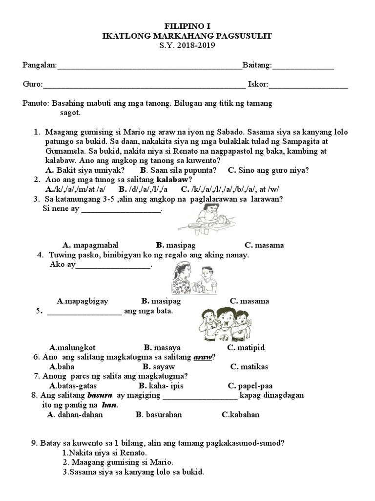Test Paper - G-I Filipino - 3rd Grading-1 | PDF