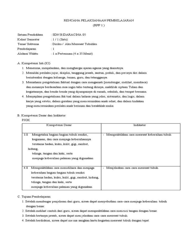 RPP PJOK Kelas 1 Tema 1 ST3 KLs 1 Semester 1 | PDF