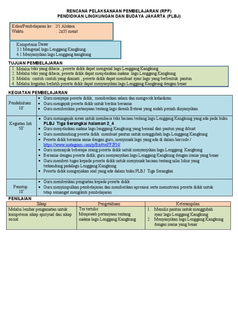 Rencana Pelaksanaan Pembelajaran (RPP) Pendidikan Lingkungan Dan Budaya Jakarta (PLBJ) | PDF
