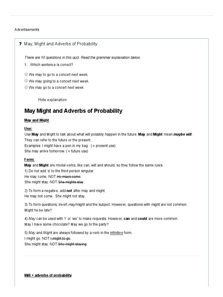 B1 Grammar - May, Might and Adverbs of Probability | PDF | Verb | Adverb