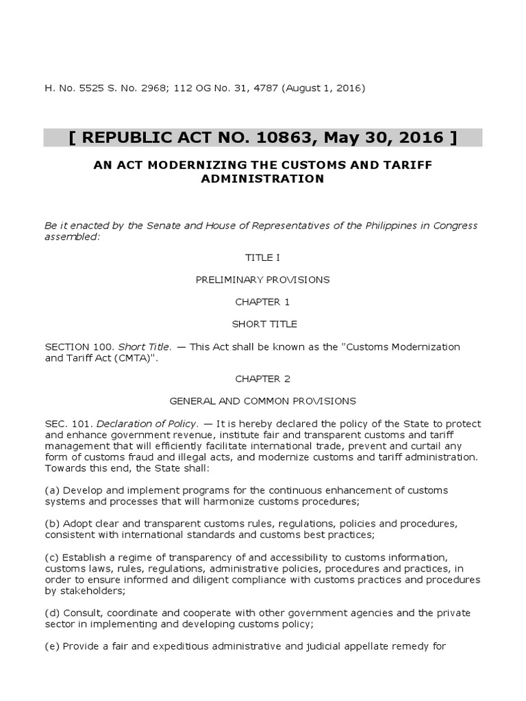 R.A. 10863 Cmta PDF | PDF | Customs | Cargo
