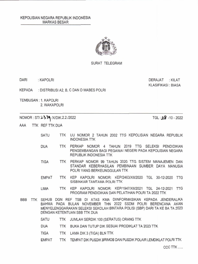 ST Pembinaan Seleksi Sekolah Bintara Polisi Dari Ta Ke Ba Ta2023 | PDF ...