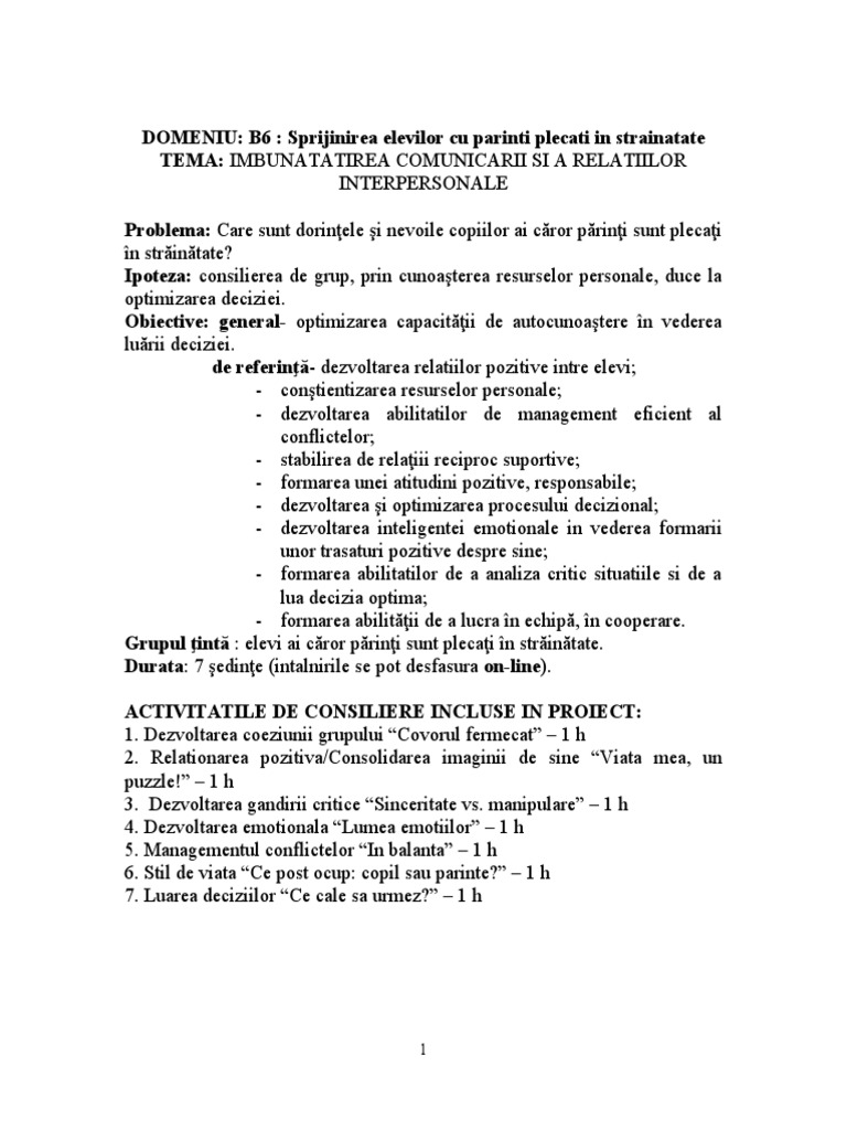 Plan Consiliere Elevi Cu Parinti Plecati in Strainatate | PDF