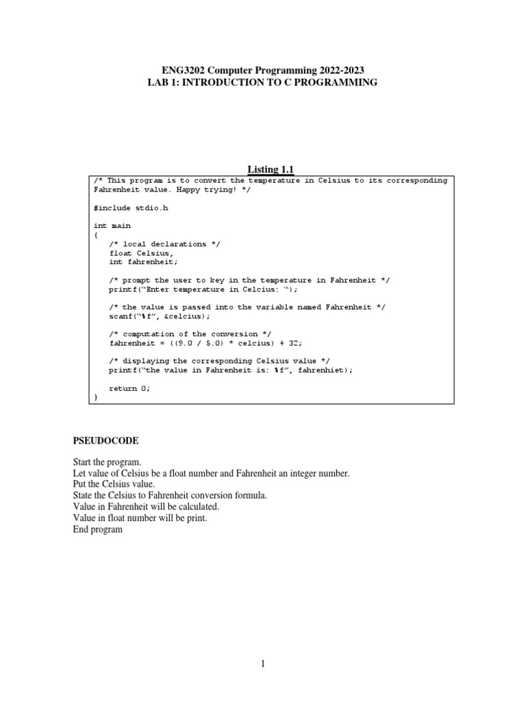 Lab 1 Eng3202 | PDF | Fahrenheit | Computer Science