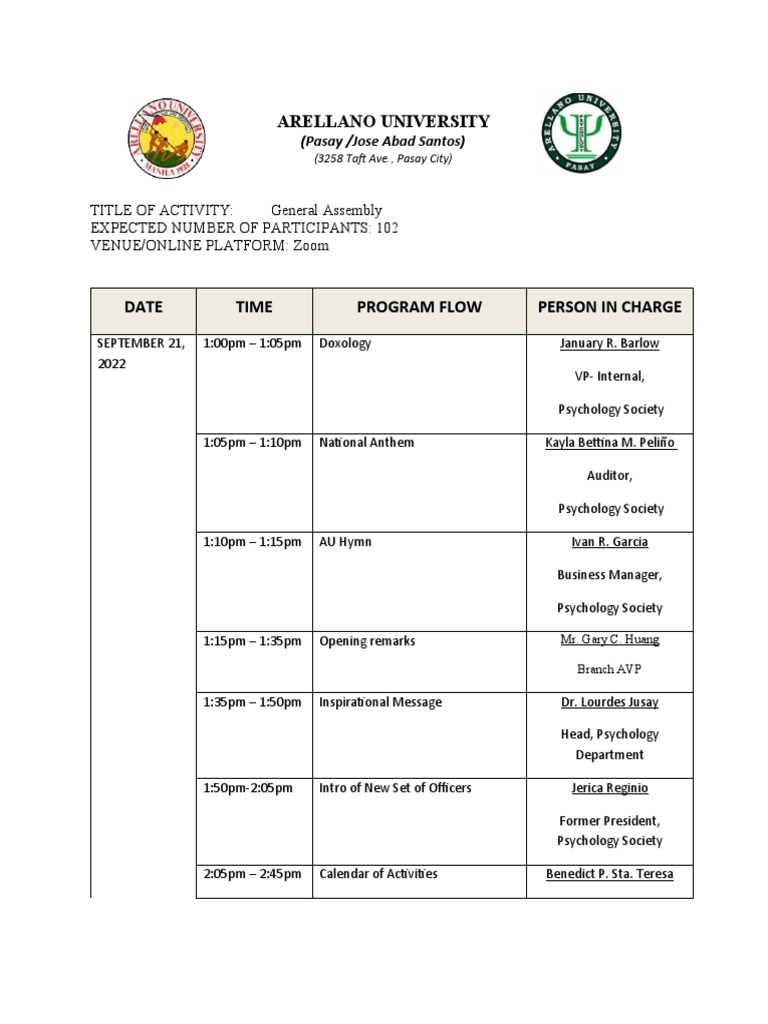 General Assembly Program Flow (PsySoc) | PDF