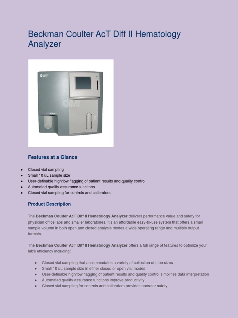 Beckman Coulter AcT Diff II Hematology Analyzer | PDF | Computers | Technology & Engineering