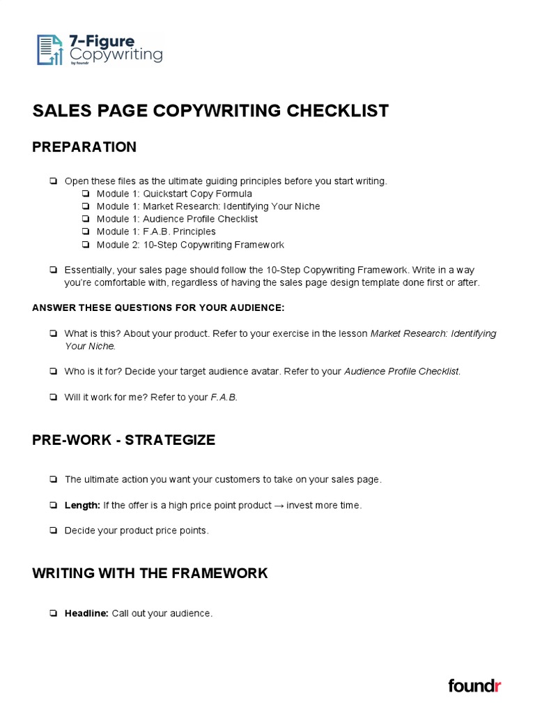 7 Figure Copywriting - Sales Page Checklist | PDF | Prices | Mass Media