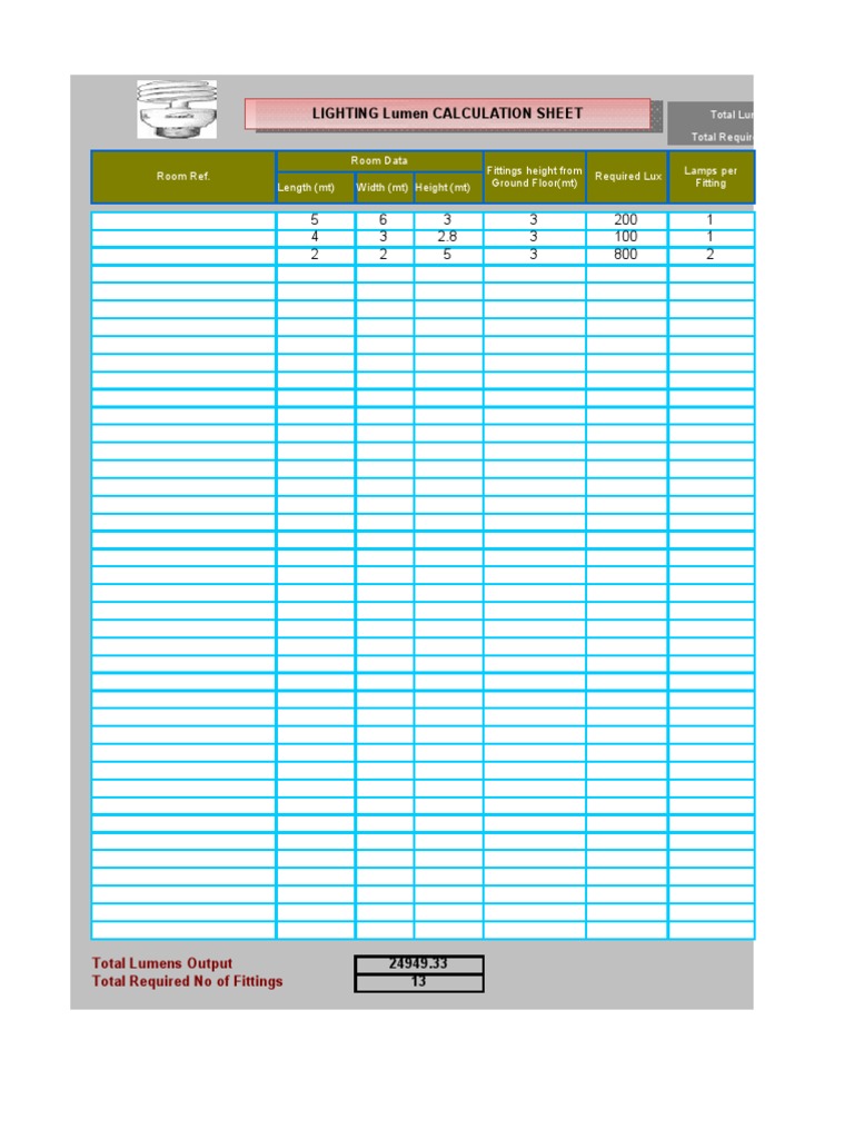 Lighting Lumen Calculation Sheet | PDF | Science & Mathematics | Computers