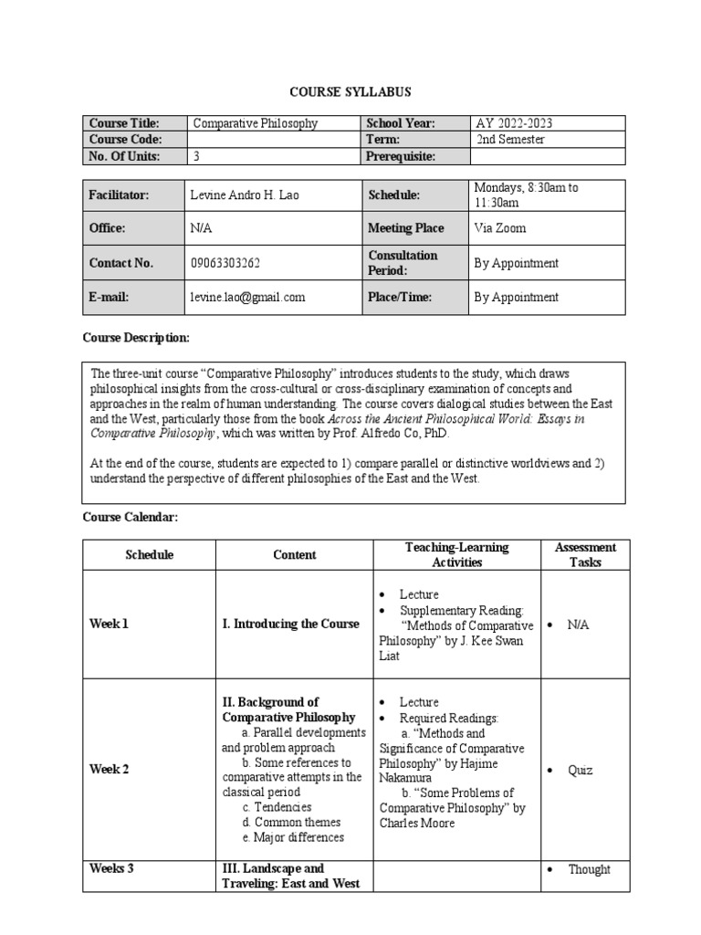 Syllabus Comparative Philosophy - 2022 | PDF | Tao