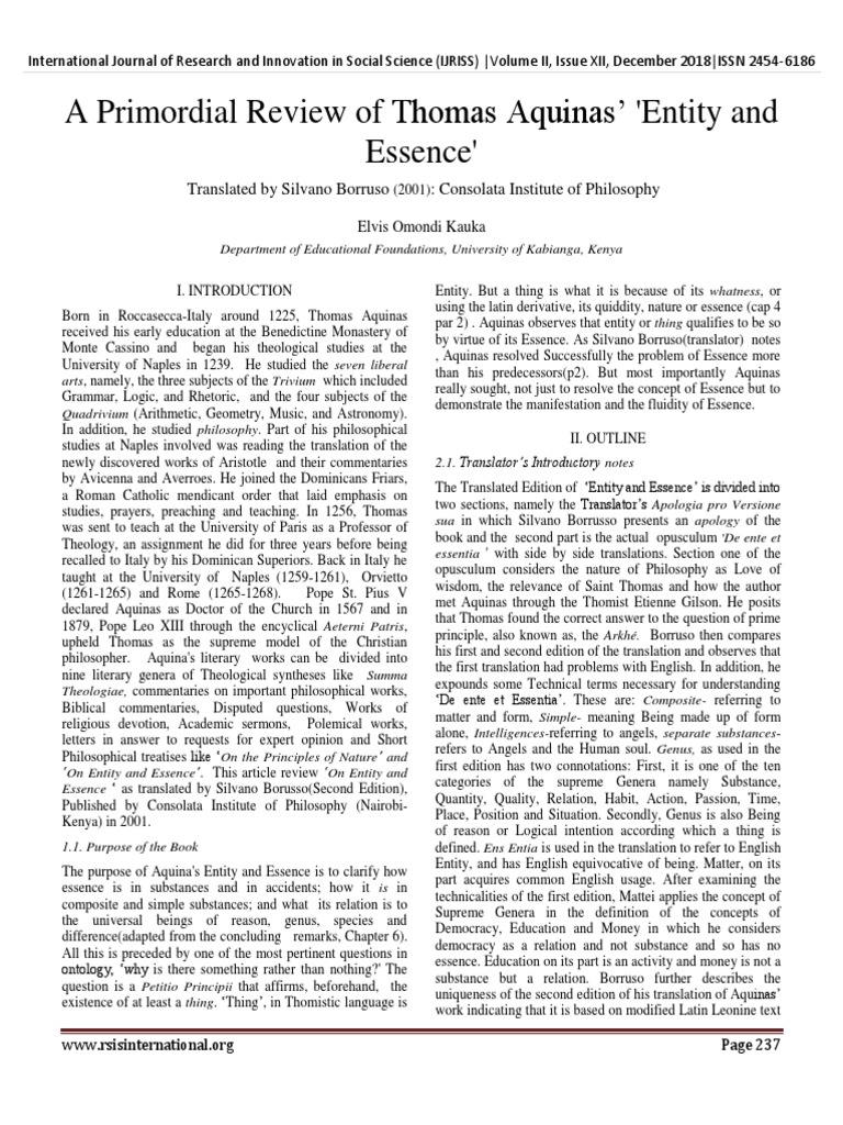 A Primordial Review of Thomas Aquinas 'Entity and Essence' | PDF ...