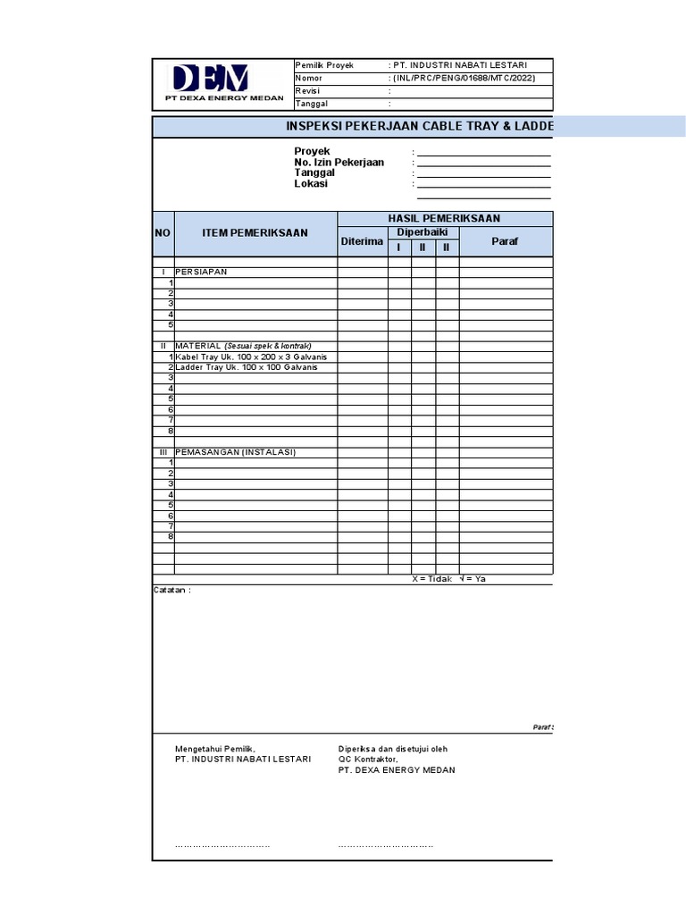 Formulir Inspeksi Kabel Tray | PDF
