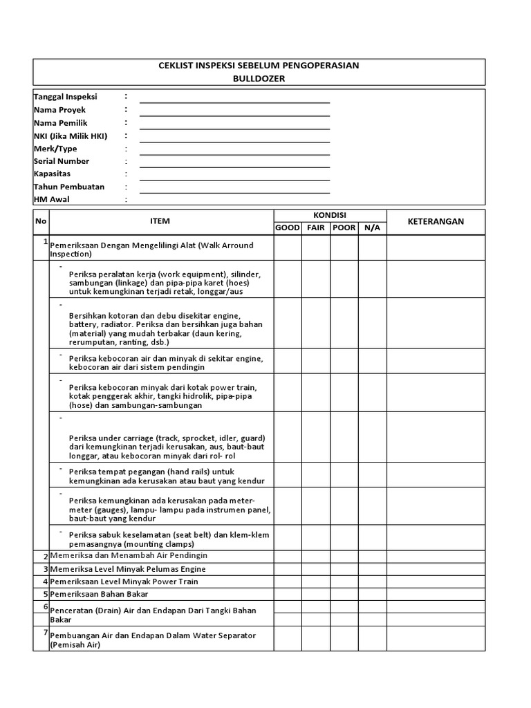 Ceklist Inspeksi Sebelum Pengoperasian Bulldozer | PDF