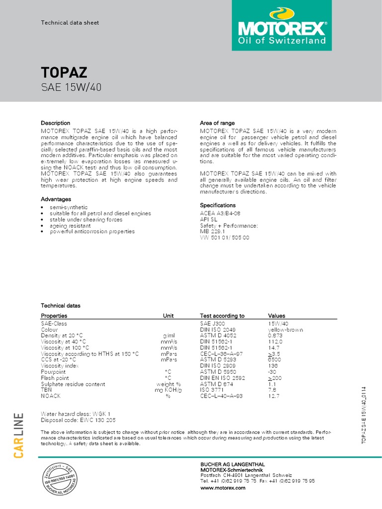 Topaz Sae 15W40 en | PDF | Motor Oil | Liquids