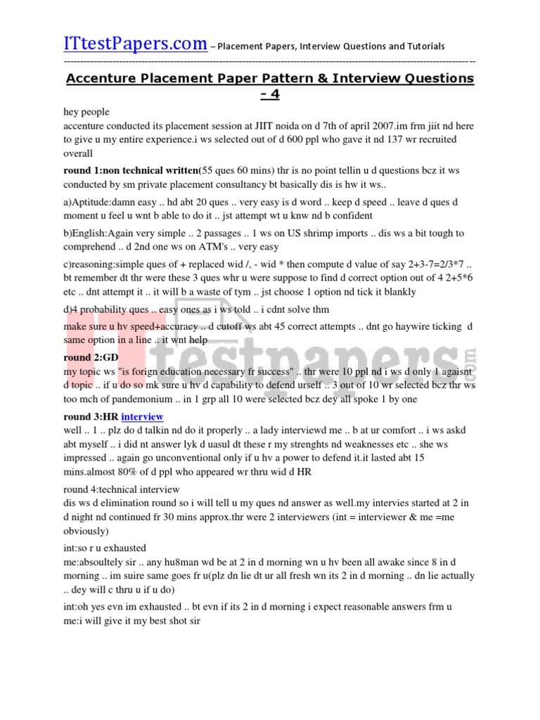 Accenture Placement Paper Pattern and Interview Questions - 4 | PDF ...