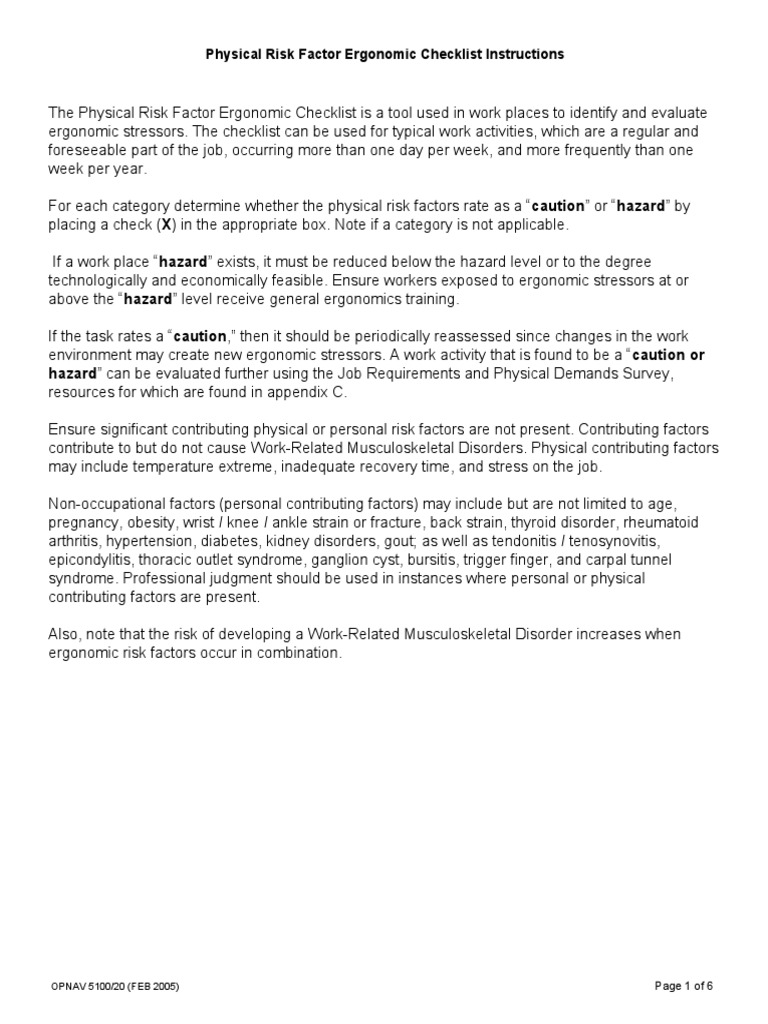 Physical Risk Factor Ergonomic Checklist Instructions | Download Free ...