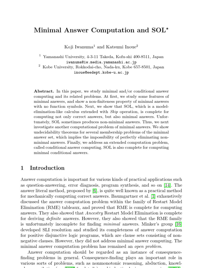 Minimal Answer Computation and SOL | PDF | Logic | Theorem