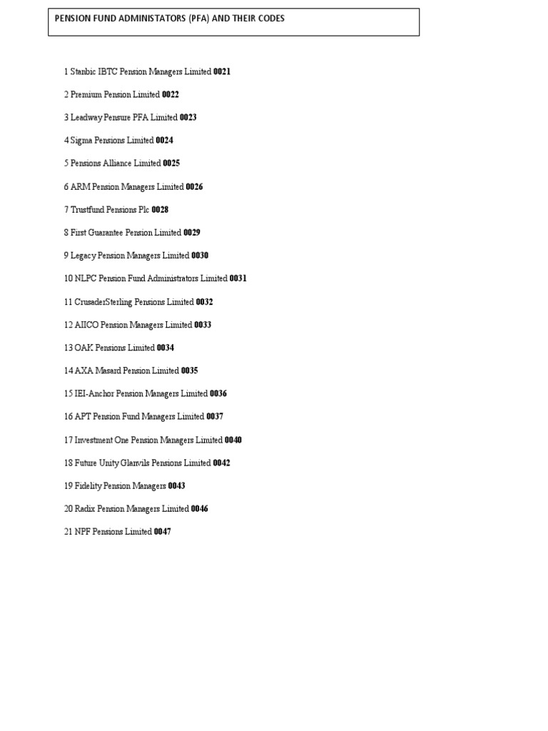 Pension Fund Admin Pfa Codes | PDF