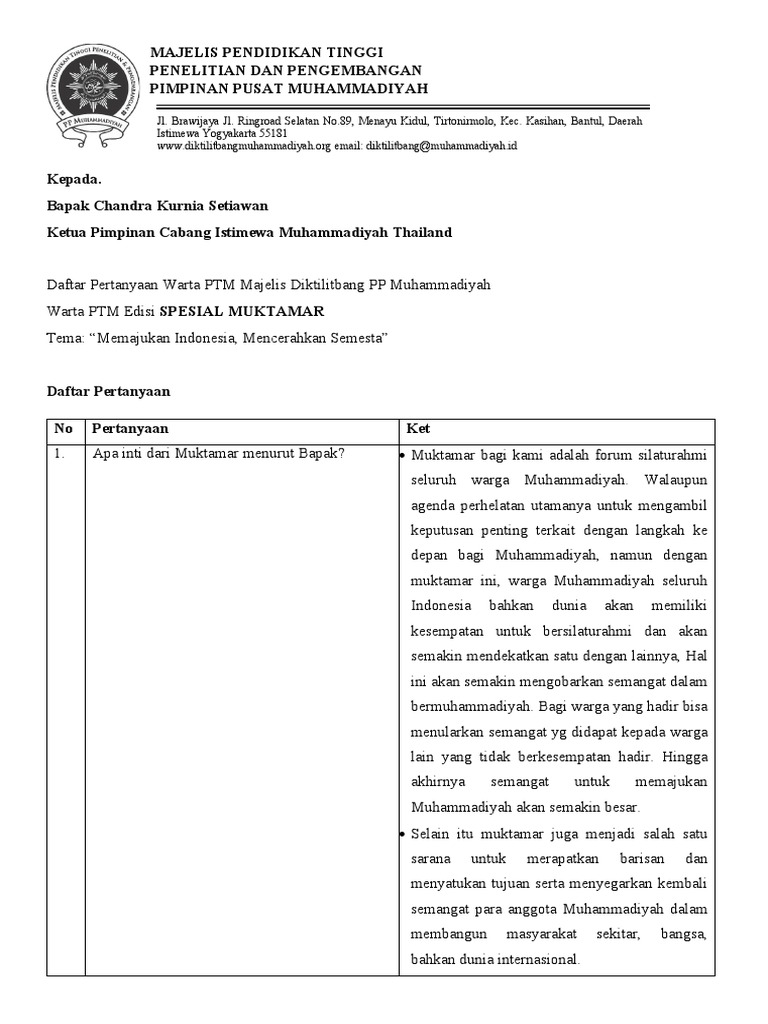 Daftar Pertanyaan Warta PTM Majelis Diktilitbang PPM (PCIM Thailand) | PDF