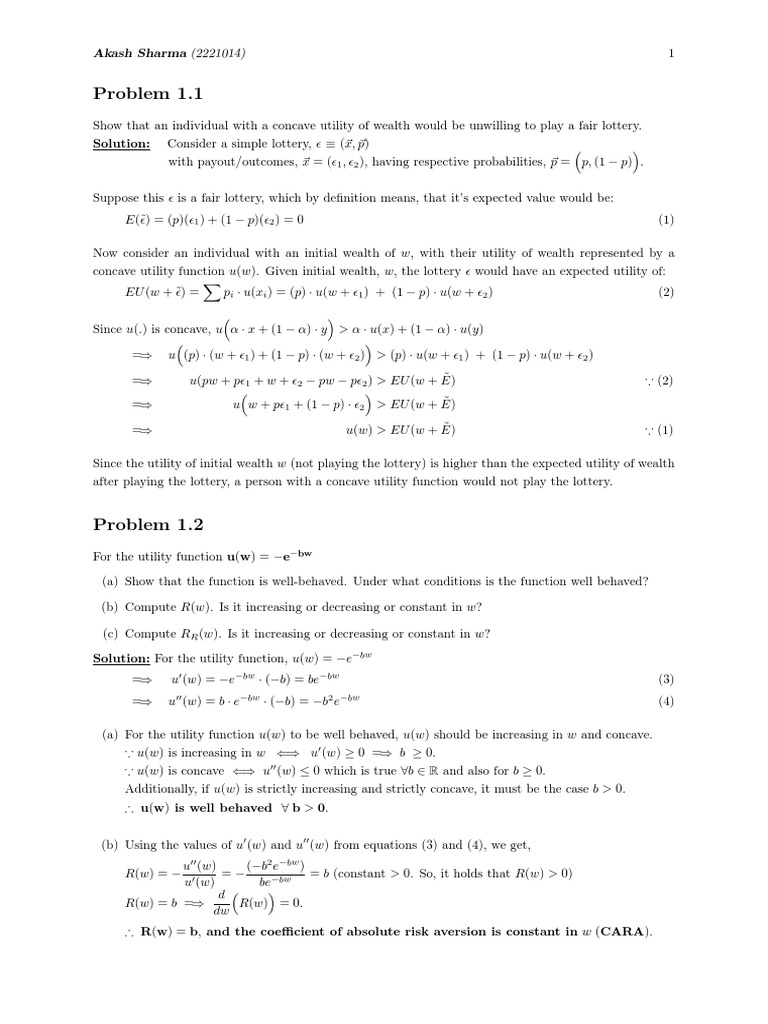 Asset Pricing Theory - Problem Set 1 | PDF | Utility | Mathematical Analysis