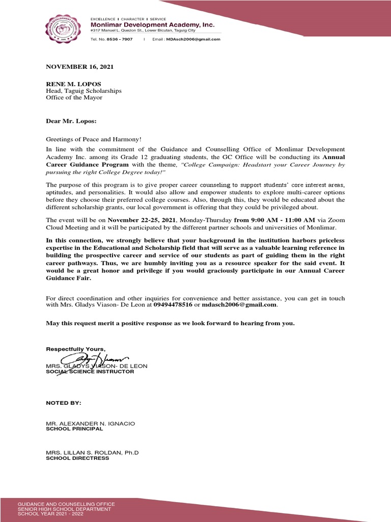 Letter of Invitation Career Guidance | PDF